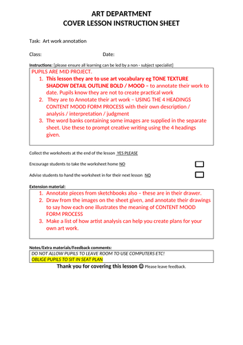 ART COVER LESSONS x 6 suitable for Key Stages 2, 3 & 4, easy ...