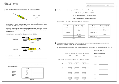 Resistors Worksheet | Teaching Resources