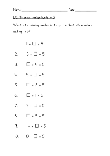Number bonds to 5, 10, 20 and 100 | Teaching Resources