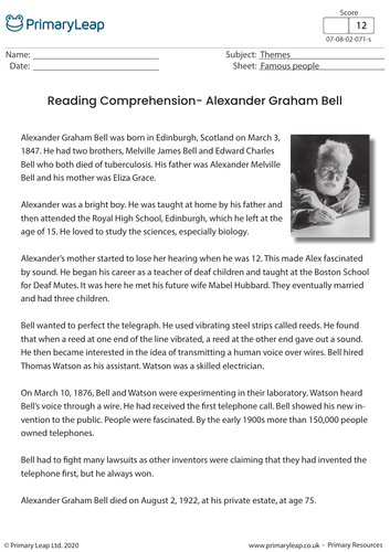 Reading Comprehension - Alexander Graham Bell | Teaching Resources