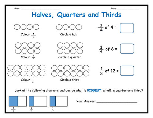 Halves, Quarters and Thirds Worksheets | Teaching Resources