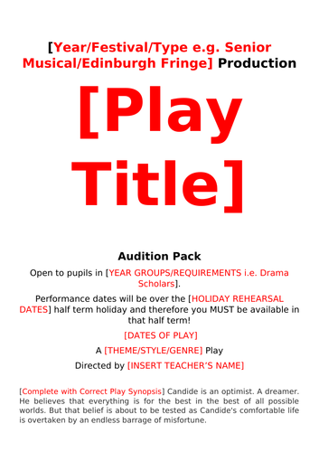 Template Production Audition Pack for Cast & Crew plus Audition Forms ...