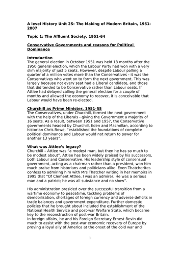 Topic 1 The Affluent Society 1951-64 - Conservative Governments 1951-64 ...