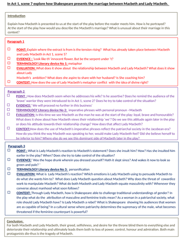 Macbeth-theme marriage- essay plan Act 1, scene 7 | Teaching Resources