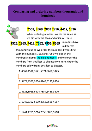 ordering numbers by comparing the thousands and hundreds column ...