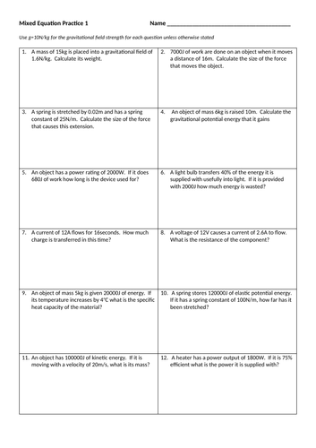 Part 1 Physics Equations Practice Questions And Answers Teaching