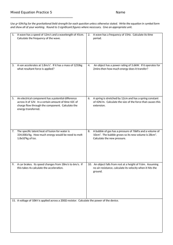 Physics Equations Practice Questions | Teaching Resources