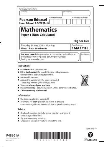 Edexcel GCSE Maths Higher Tier Paper 1 1MA1/1H | Teaching Resources Edexcel GCSE Maths Higher Tier Paper 1 1MA1/1H | Teaching Resources