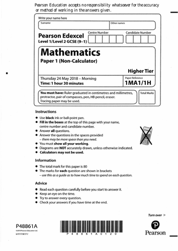 Edexcel GCSE Maths Higher Tier Paper 1 1MA1/1H | Teaching Resources