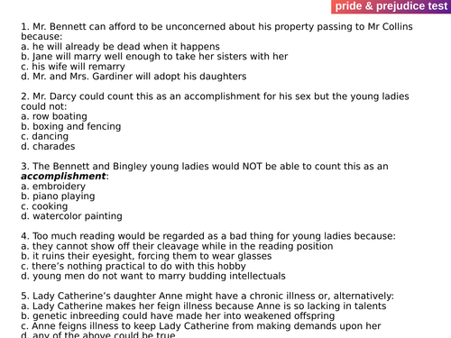 Tests Jane Austen Pride & Prejudice Sense & Sensibility | Teaching ...