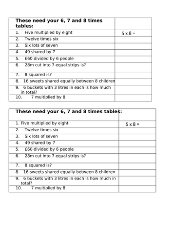 Times tables challenge questions Year 5 | Teaching Resources