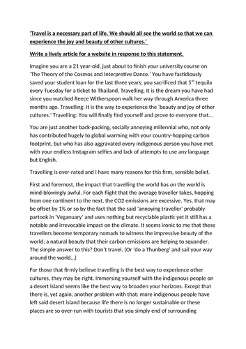 GCSE English Lang Top marks article: travelling | Teaching Resources