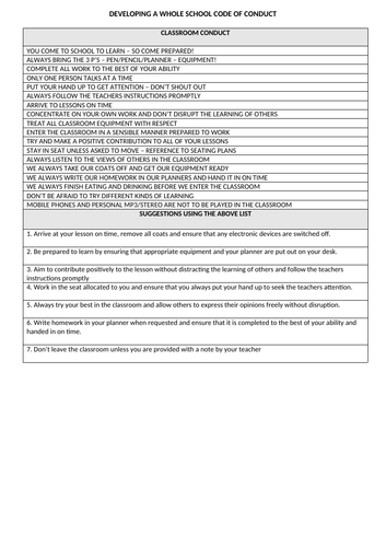 Developing Whole School Code of Conduct | Teaching Resources