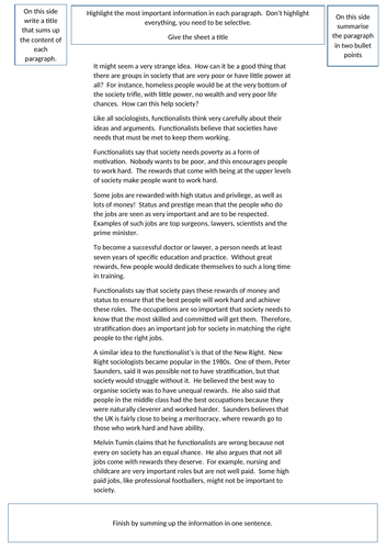 GCSE Sociology WJEC Functionalism and stratification | Teaching Resources