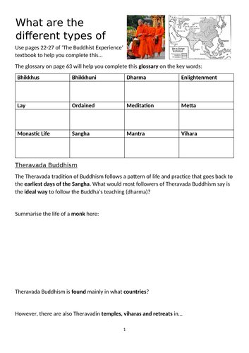 KS3 Different Types of Buddhism (Lesson & worksheet for use with 'The ...