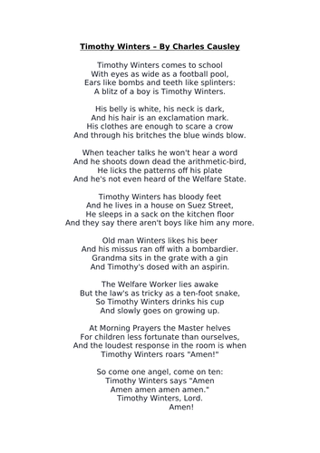 Timothy Winters Poetry Unit and Essay Example | Teaching Resources