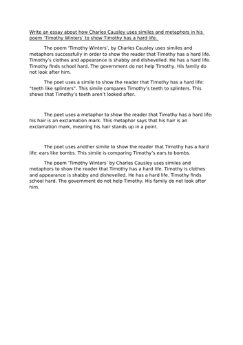 Timothy Winters Poetry Unit and Essay Example | Teaching Resources