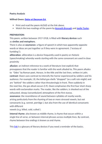 Poetry Analysis: Owen, Dulce et Decorum Est | Teaching Resources