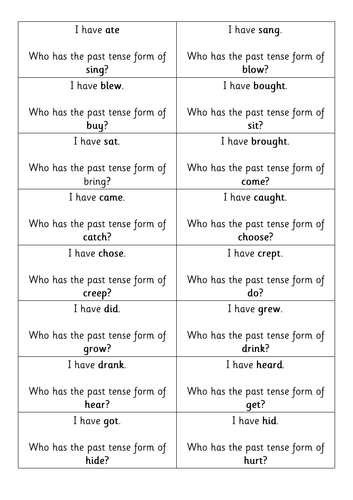 Irregular Verbs 'I have, who has' game | Teaching Resources