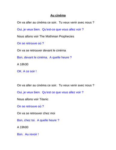 Au cinema - role play practice for GCSE French | Teaching Resources