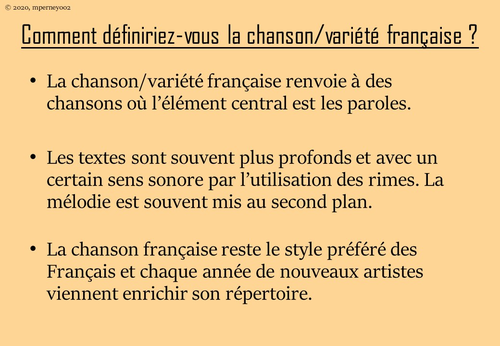 La musique francophone - Questions/Answers for the speaking exam ...