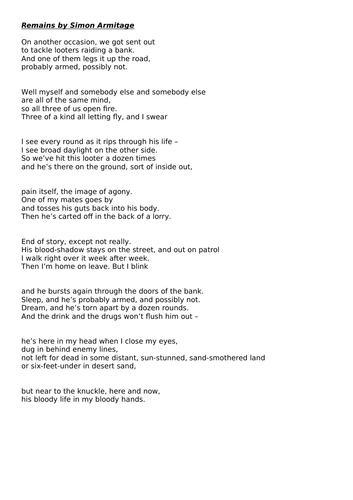 Remains by Simon Armitage | Teaching Resources