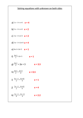 Solving linear equations unknown both sides | Teaching Resources