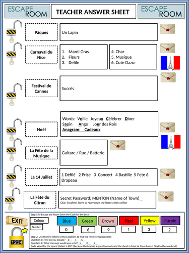 MFL French Escape Room - Festivals | Teaching Resources