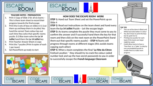 MFL French Escape Room - Festivals | Teaching Resources