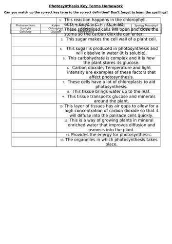 Photosynthesis AQA GCSE Biology Trilogy Key Terms Sheet | Teaching ...