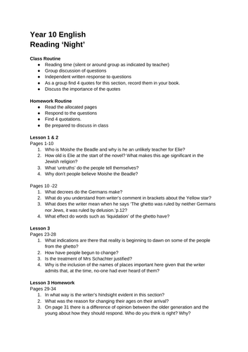 Night By Eli Wiesel Unit of Work | Teaching Resources