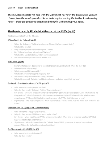 Elizabeth I - Full course worksheets (Edexcel 9-1) | Teaching Resources