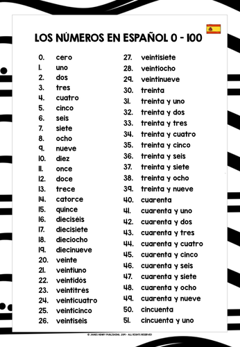 SPANISH NUMBERS 0-100 LIST #1 | Teaching Resources