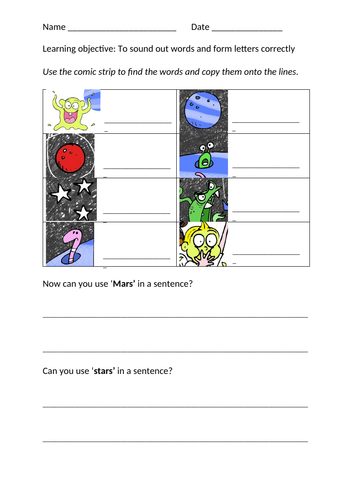Tess and Hal comic strip stories and worksheets - alien phonics words ...