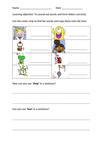 Tess and Hal comic strip stories and worksheets - alien phonics words ...