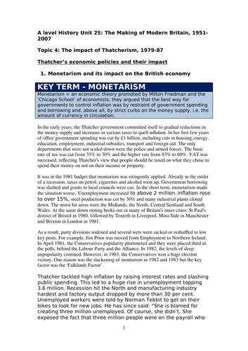Economic policies and their impact under Thatcher - AQA A Level History ...