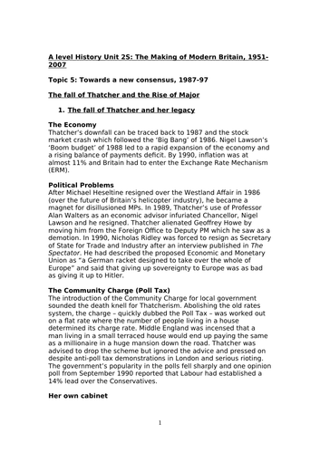 The Fall of Margaret Thatcher - AQA Level History - Unit 2S | Teaching ...