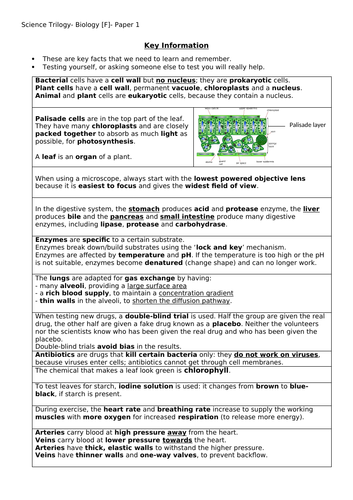 Biology Key Info Sheets-revision-H/F -whole spec | Teaching Resources