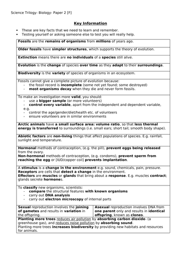 Biology Key Info Sheets-revision-H/F -whole spec | Teaching Resources