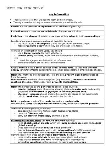 Biology Key Info Sheets-revision-H/F -whole spec | Teaching Resources