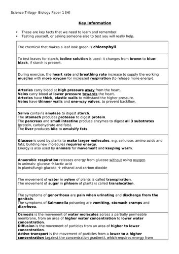 Biology Key Info Sheets-revision-H/F -whole spec | Teaching Resources