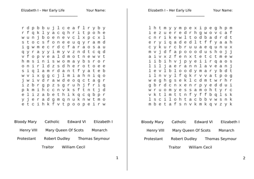 Elizabeth I Early Reign Word-Search | Teaching Resources