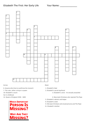 Elizabeth I Early Reign Crosswords | Teaching Resources
