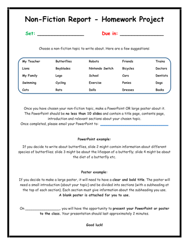 Non-Fiction Report Writing (Homework Task) | Teaching Resources
