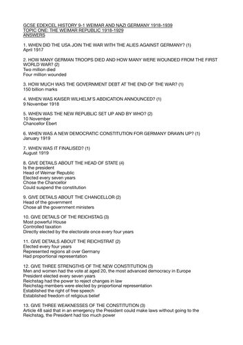 GCSE 9-1 Edexcel History Weimar & Nazi Germany Knowledge tests ...