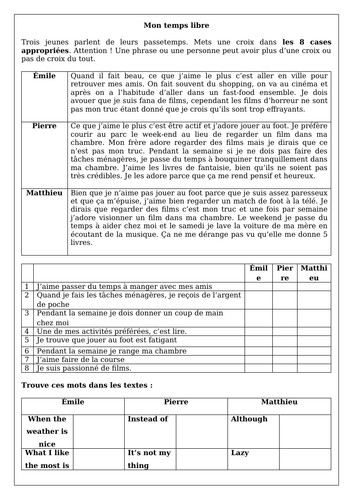 French GCSE Hobbies & free time: Mes passe-temps (4 worksheets ...