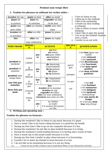 French GCSE Hobbies & free time: Mes passe-temps (4 worksheets ...