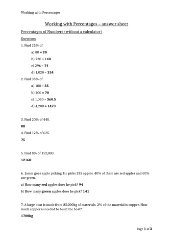 Working with Percentages | Teaching Resources