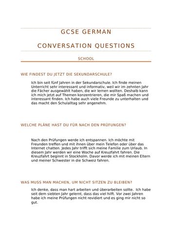 German Speaking and Writing Question Booklet WITH Sample Answers ...