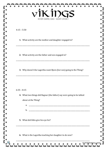 'Vikings' Season 1 Episode 1 - Student Question Sheet | Teaching Resources